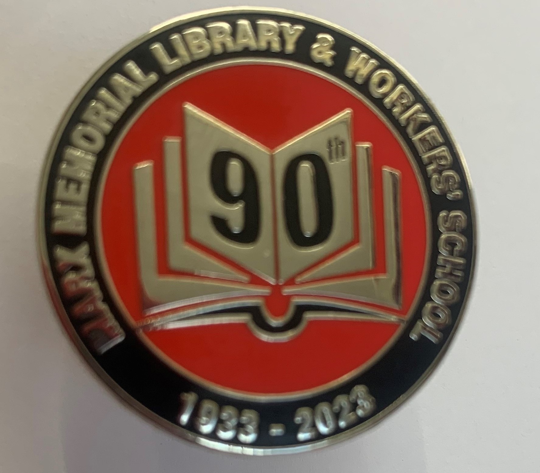 MML 90th Anniversary Badge - Open book design | Marx Memorial Library